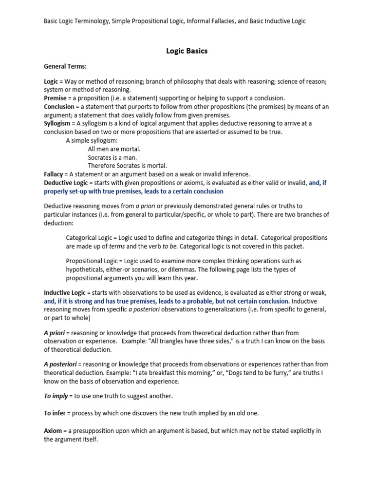9th Grade Propositional Logic and Basic Logic Terminology-1 | PDF ...