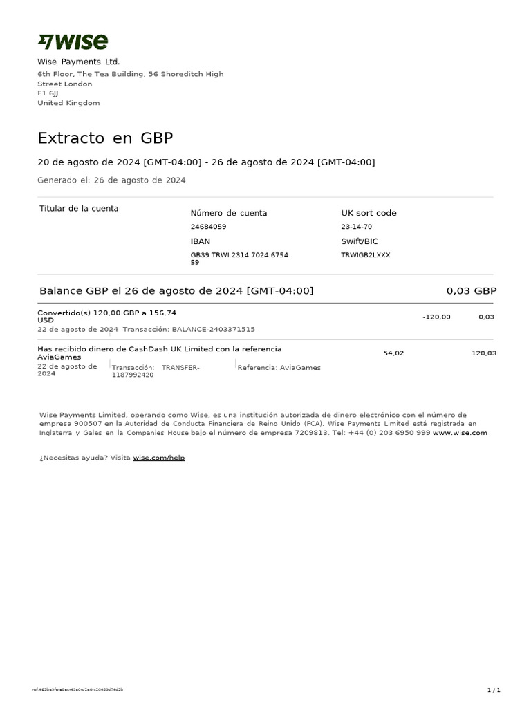Extracto de Cuenta Wise Payments GBP | PDF