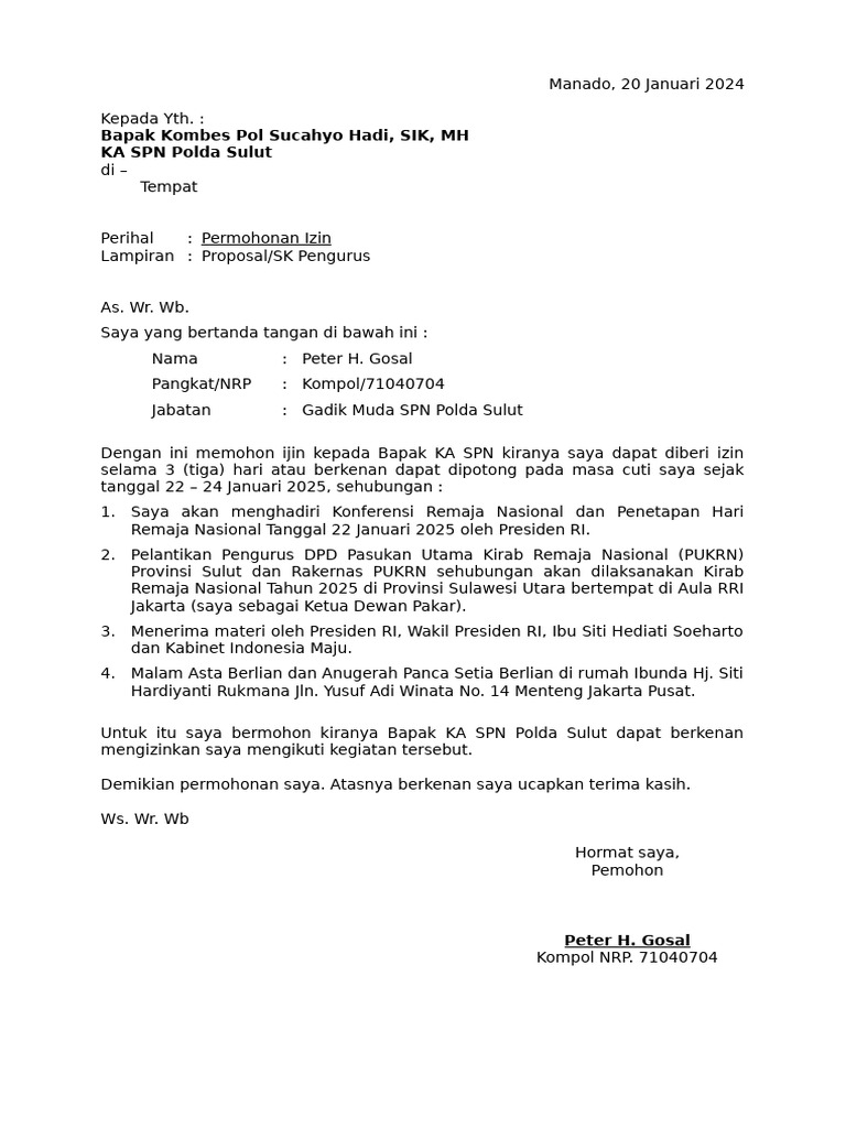 Permohonan Izin Cuti Peter H. Gosal | PDF