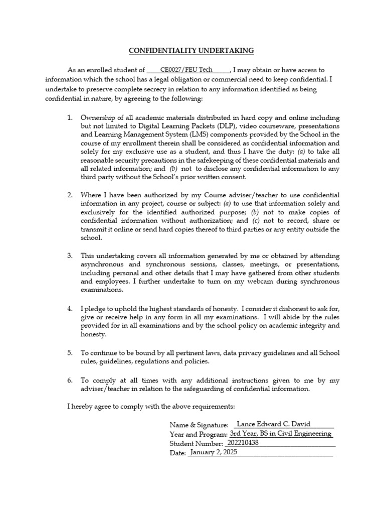 Confidentiality Undertaking Student | PDF | Confidentiality | Justice