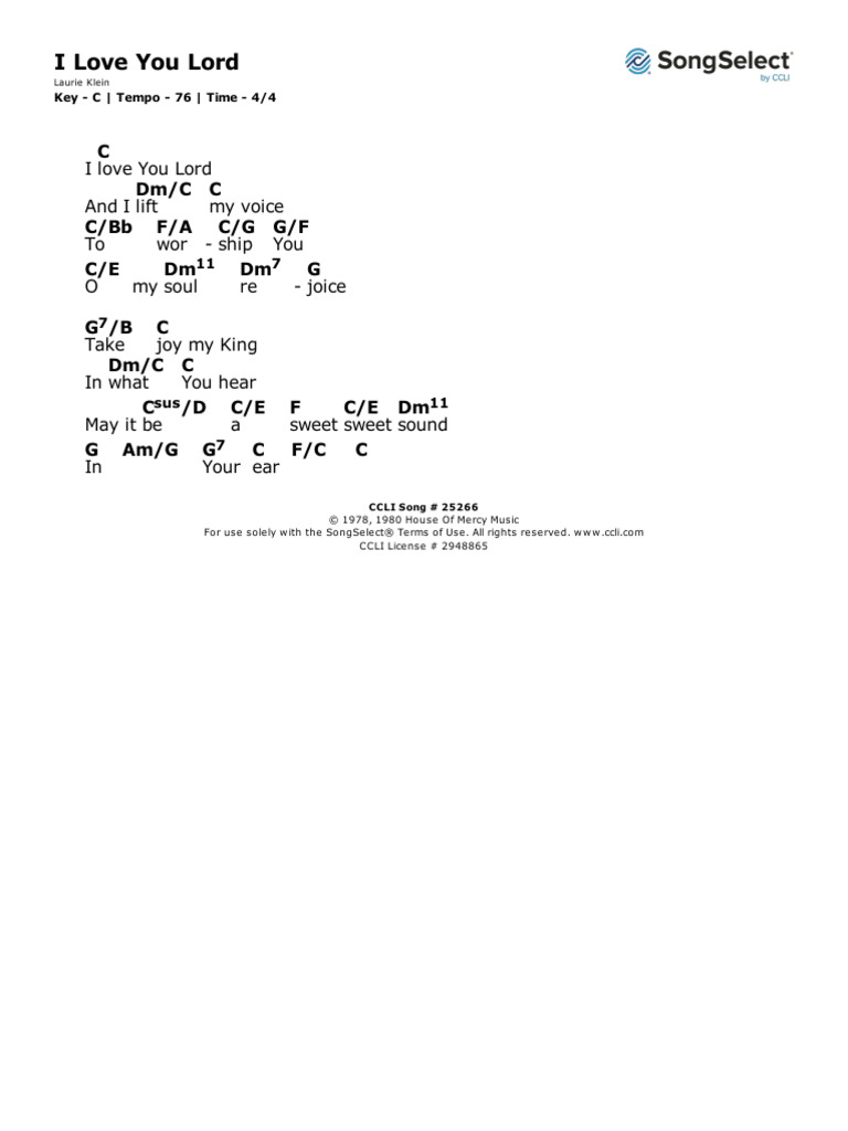 I Love You Lord - SongSelect Chart in C | PDF