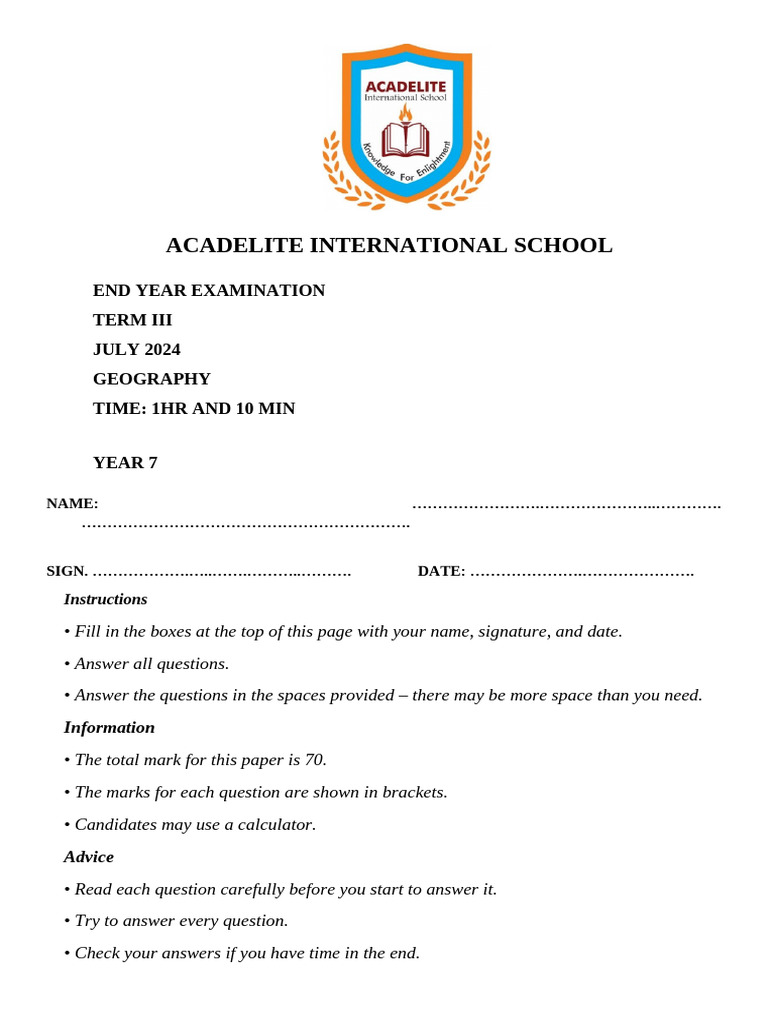 Year 7 Geography Exam Paper 2024 | PDF | Earth Sciences | Physical ...