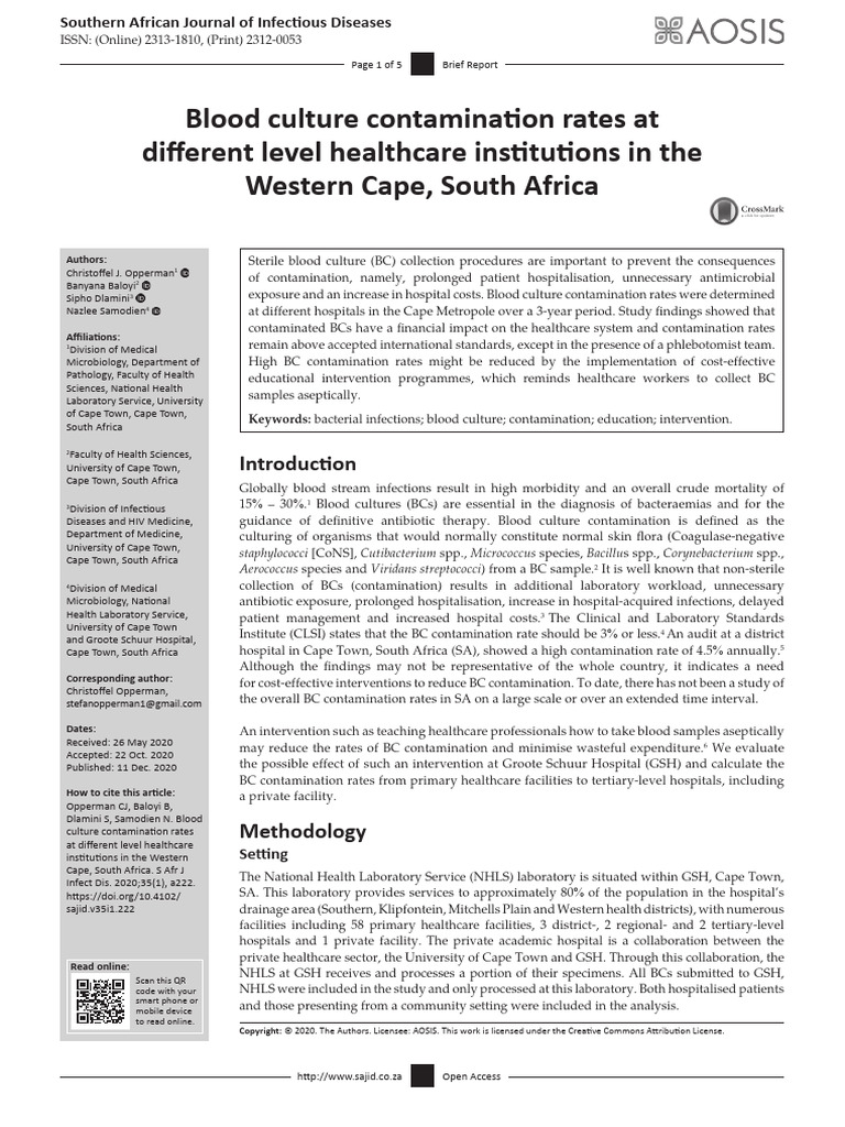 Blood Cultures Contamination in Western Cape, RSA, 2020 | PDF ...
