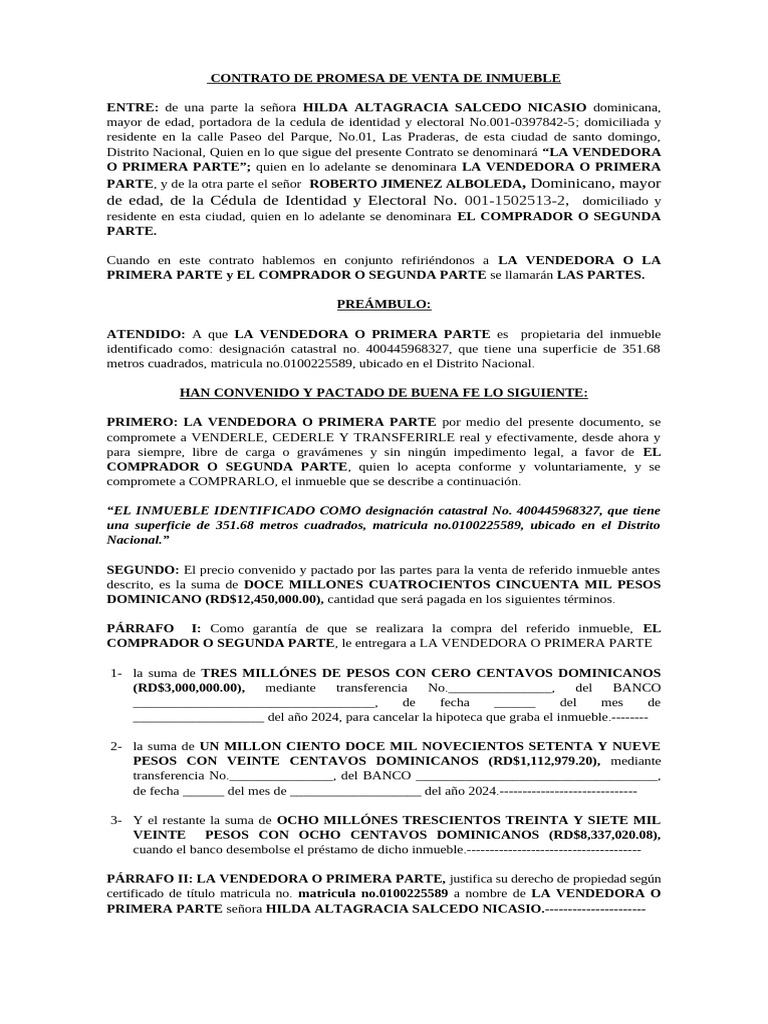 CONTRATO DE PROMESA DE VENTA SR. ROBERTO JIMENEZ ALBOLEDA Y SRA. HILDA ...