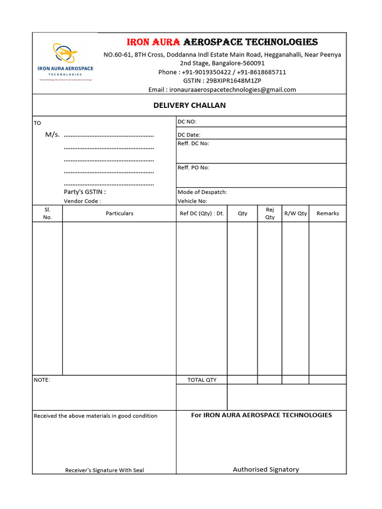 Delivery Challan for Iron Aura Aerospace | PDF