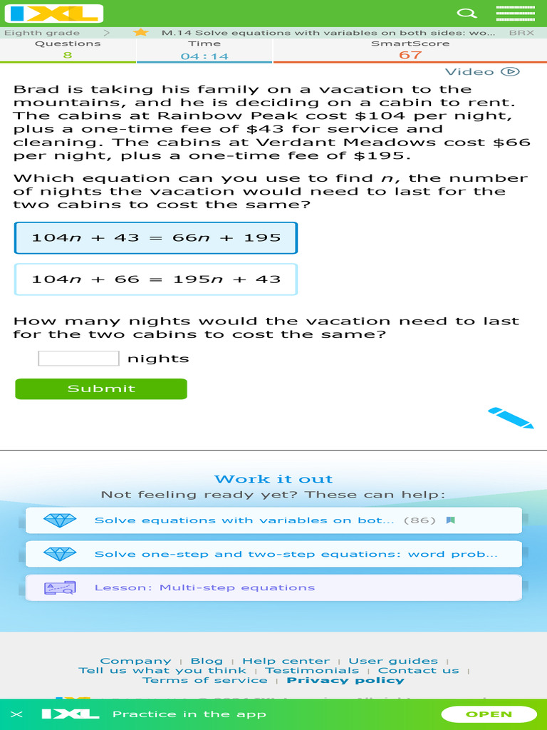 IXL Solve Equations With Variables On Both Sides Word Problems 8th ...