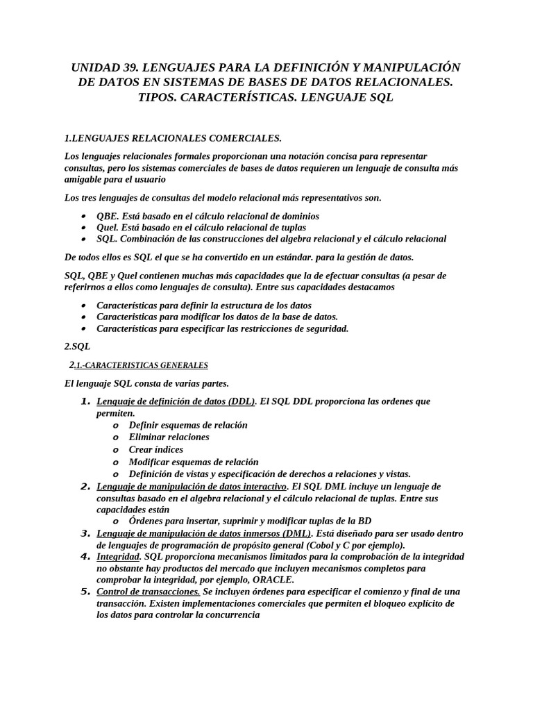 Unidad 39. Lenguajes para La Definición y Manipulación de Datos en Sistemas de Bases de Datos ...