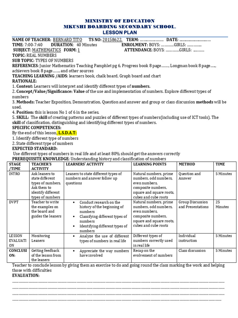 Form One Lesson Plan 2025: Mathematics | PDF | Lesson Plan | Education ...