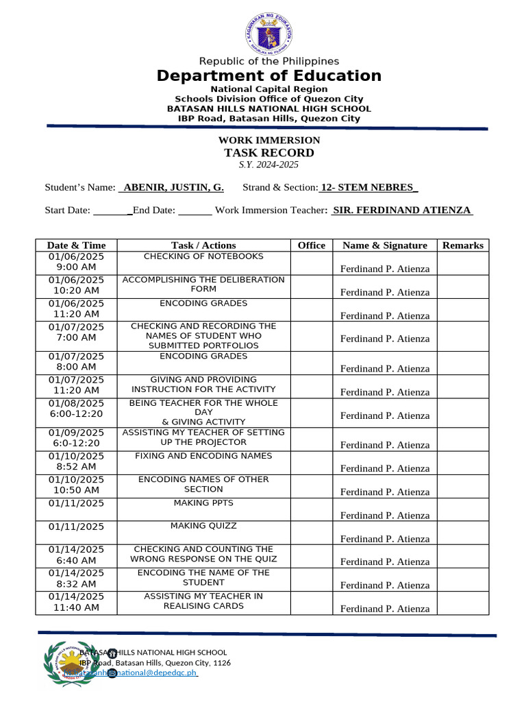 Work Immersion Task Record 2024-2025 | PDF