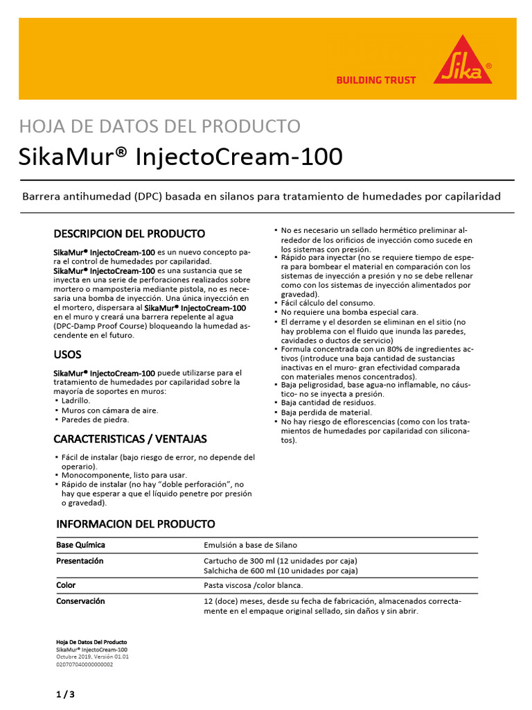 SikaMur® InjectoCream-100: Barrera Antihumedad | PDF | Cartucho (armas ...