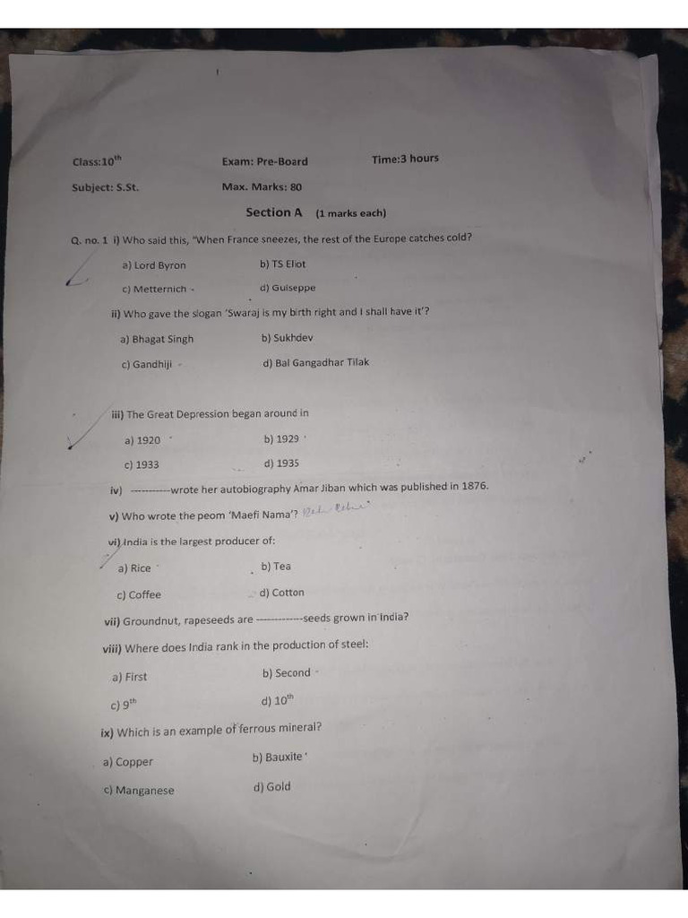PYQ'S Pre Board Papers SST | PDF