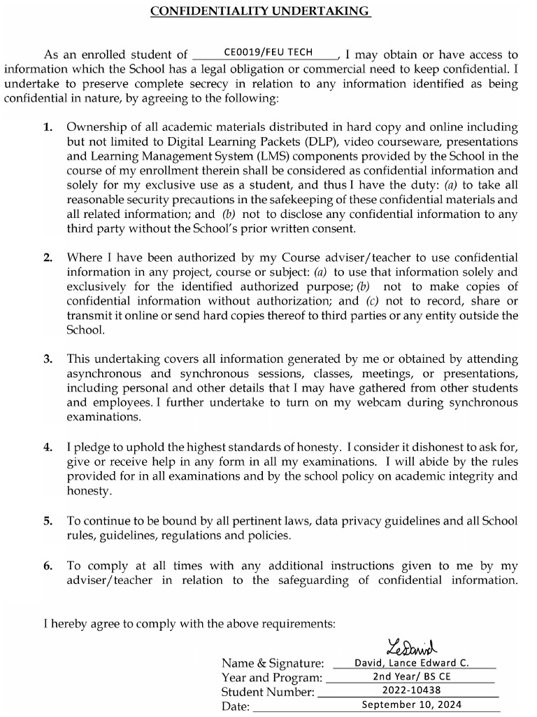 Confidentiality Undertaking Student | PDF