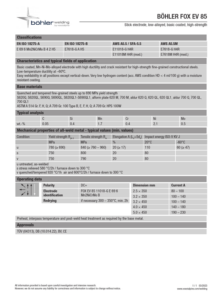 BOHLER FOX EV 85 | PDF | Materials Science | Materials