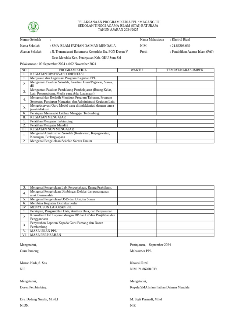 Program Kerja PPL | PDF