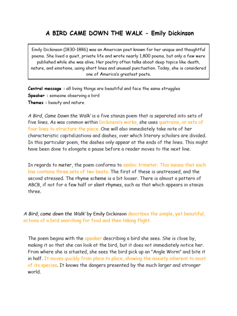 A BIRD CAME DOWN THE WALK (1) | PDF | Poetry | Emily Dickinson