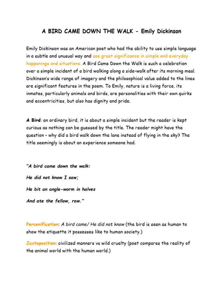 A BIRD CAME DOWN THE WALK (2) | PDF | Poetry