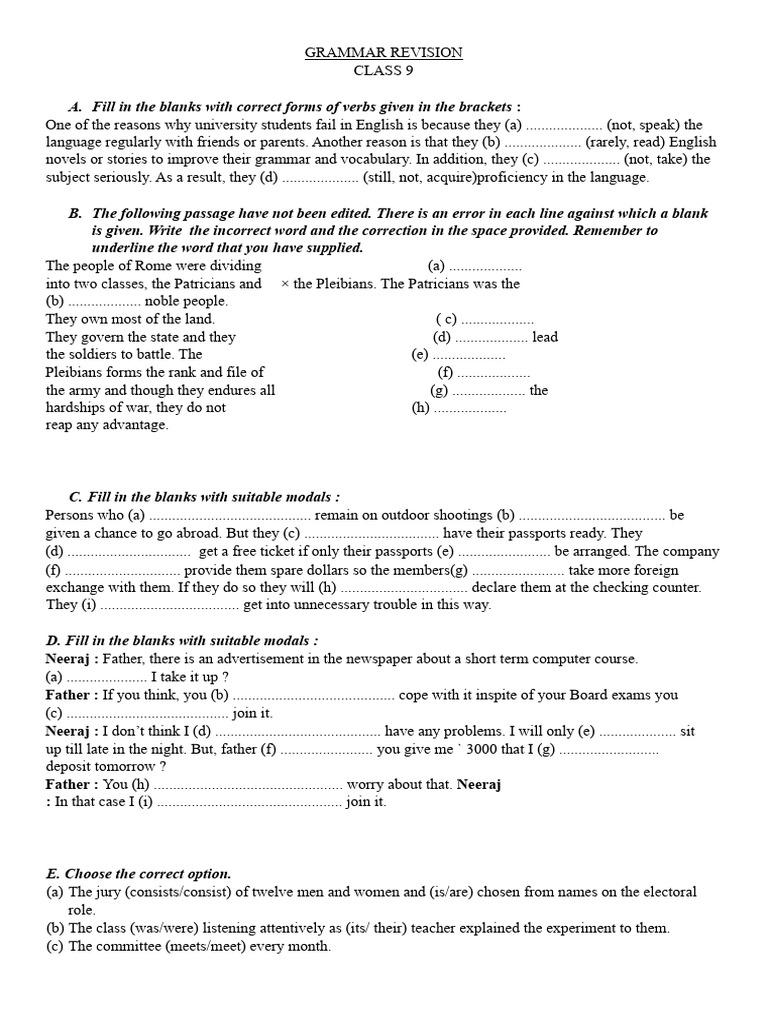 Grammar Revision - Worksheet - Ix - 1 | PDF | English Language | Human ...