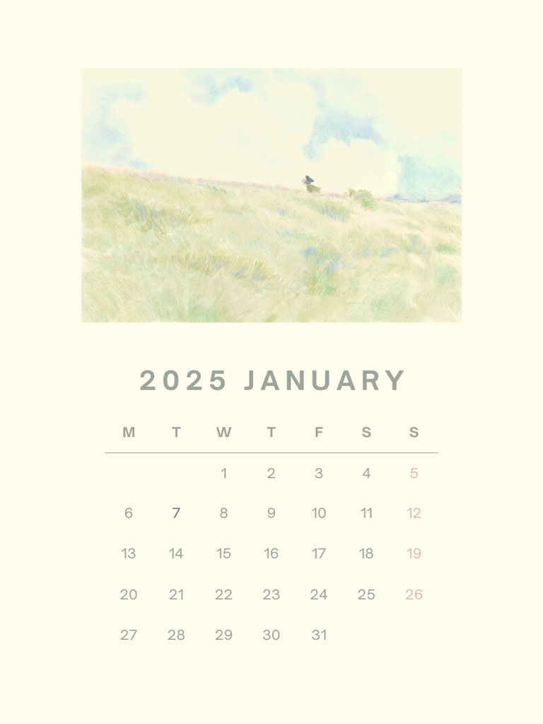 Cream Pastel Minimalist Watercolor Landscape 2025 Monthly Calendar ...