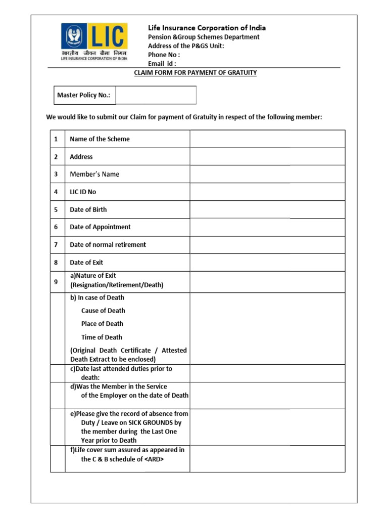 Gratuity Claim Form | PDF | Life Insurance | Personal Finance