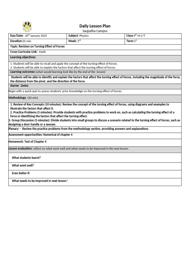9th Grade Physics & Chemistry Plans | PDF | Lesson Plan | Force
