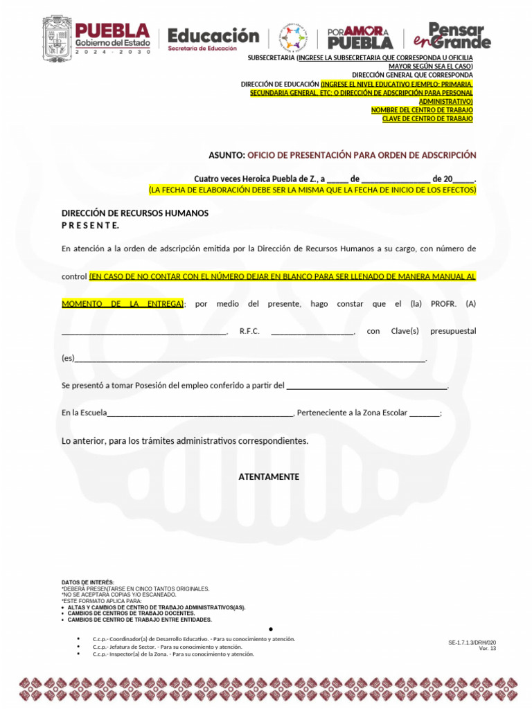 Oficio de Presentación para Orden de Adscripción - Ver1 | PDF