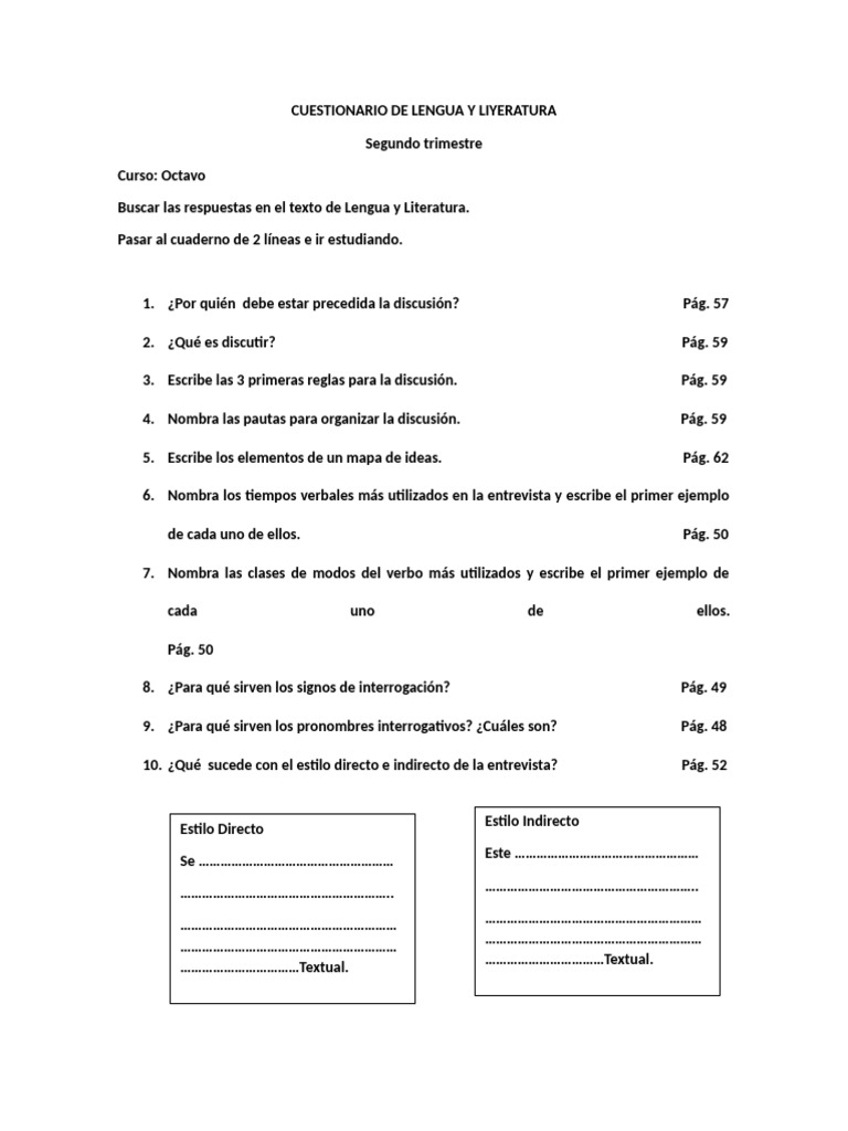Cuestionario de Lengua y Lit. Segundo Trim | PDF