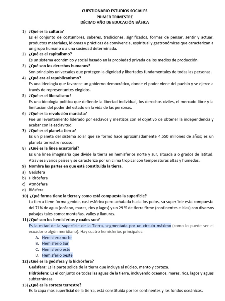 Cuestionario Décimo EESS Primer Trimestre | PDF | Tierra | Universo