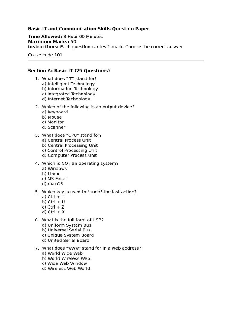 Basic IT and Communication Skills EndSem Question Paper | PDF | Communication | Nonverbal ...