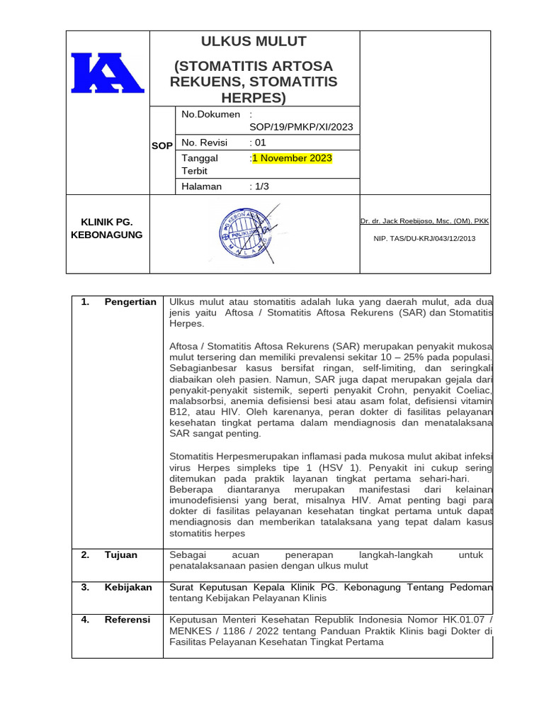 Penatalaksanaan Ulkus Mulut dan Stomatitis | PDF