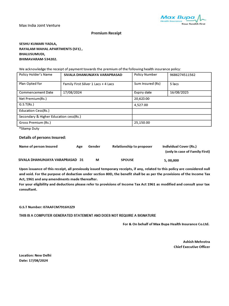SIVALA DHANUNJAYA VARAPRASAD Insurance Premium | PDF