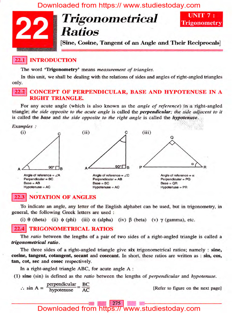 ICSE Class 9 Maths Chapter 22 Trigonometrical Ratios | PDF