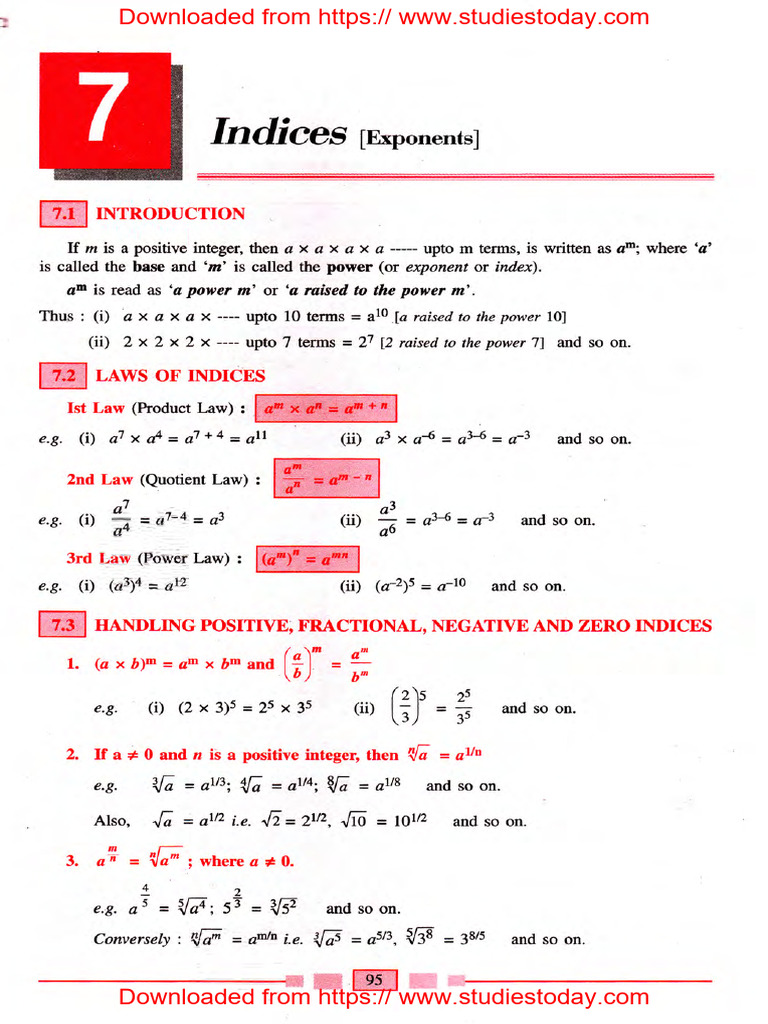 ICSE Class 9 Maths Chapter 07 Indices Exponents | PDF
