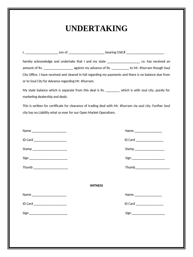 Undertaking for Payment Clearance Agreement | PDF