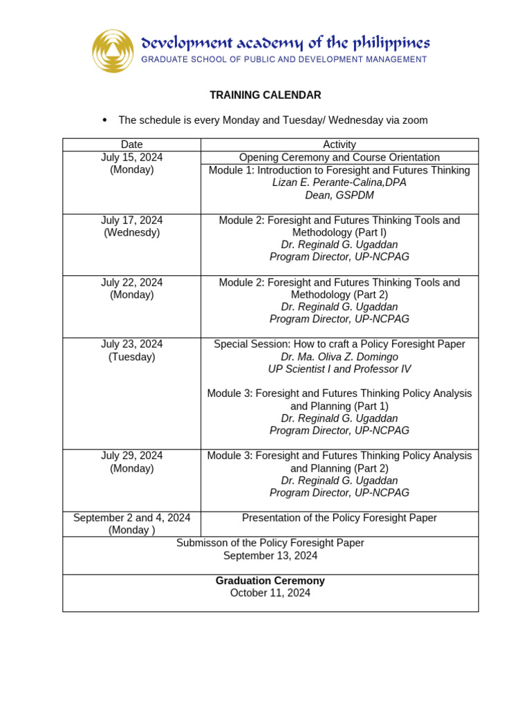 Foresight Training Schedule | PDF