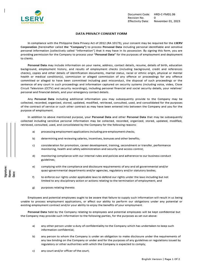 6 - Data Privacy Consent Form | PDF | Employment | Regulatory Compliance