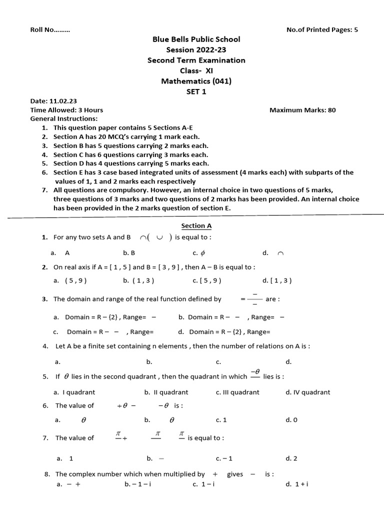 Class XI BBPS - Annual Maths Set 1 | PDF | Mean | Standard Deviation