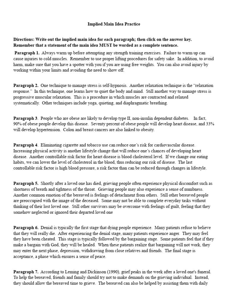 Implied Main Idea Practice | PDF | Grief | Cardiovascular Diseases