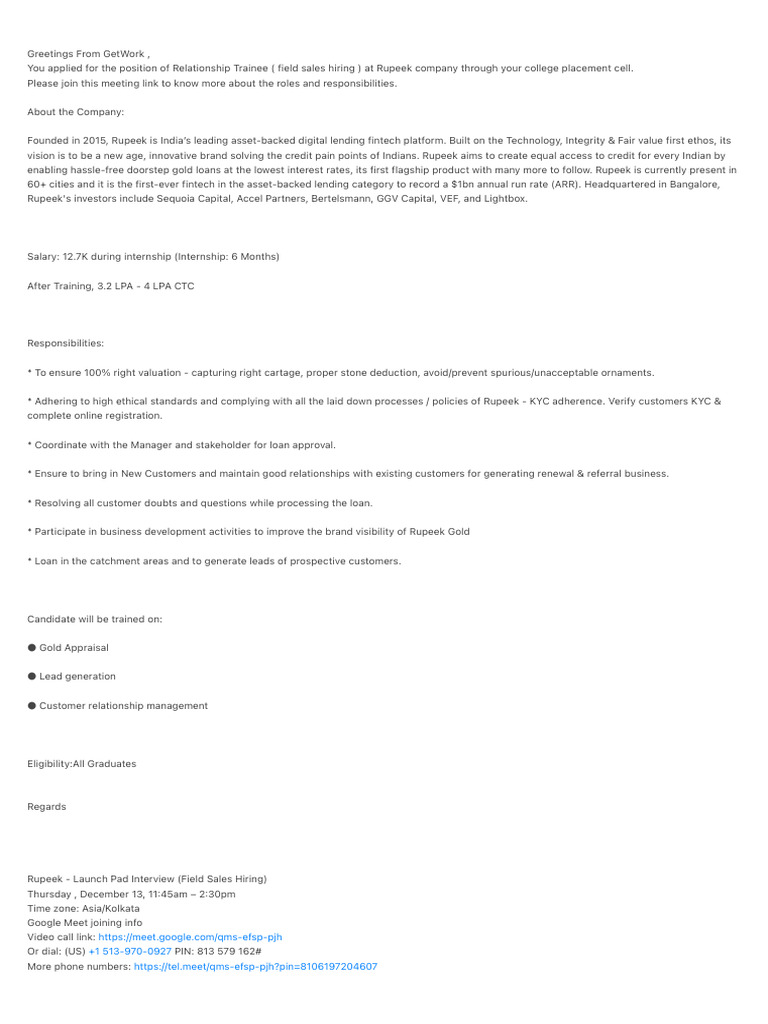 Rupeek Relationship Trainee Overview | PDF