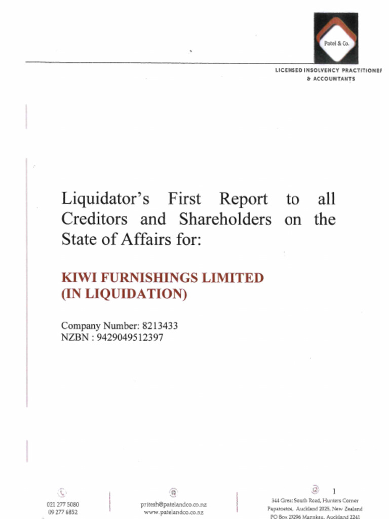 Kiwi Furnishings Limited (First Liquidator Report) | PDF