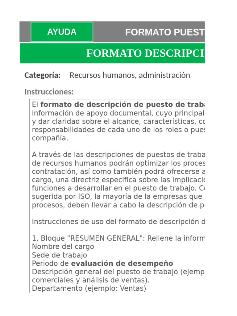 Formato de Descripcion de Puestos | PDF | Gestión de recursos humanos