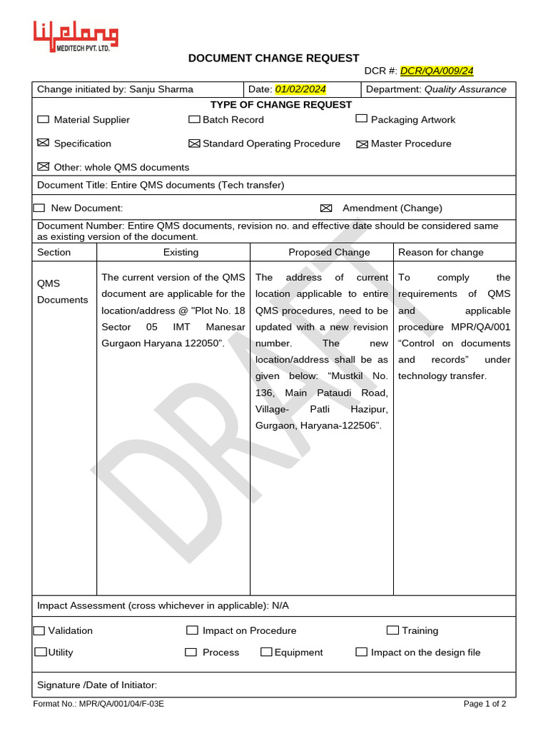F-05-DCR - Entire QMS For New Location | PDF | Quality Management System