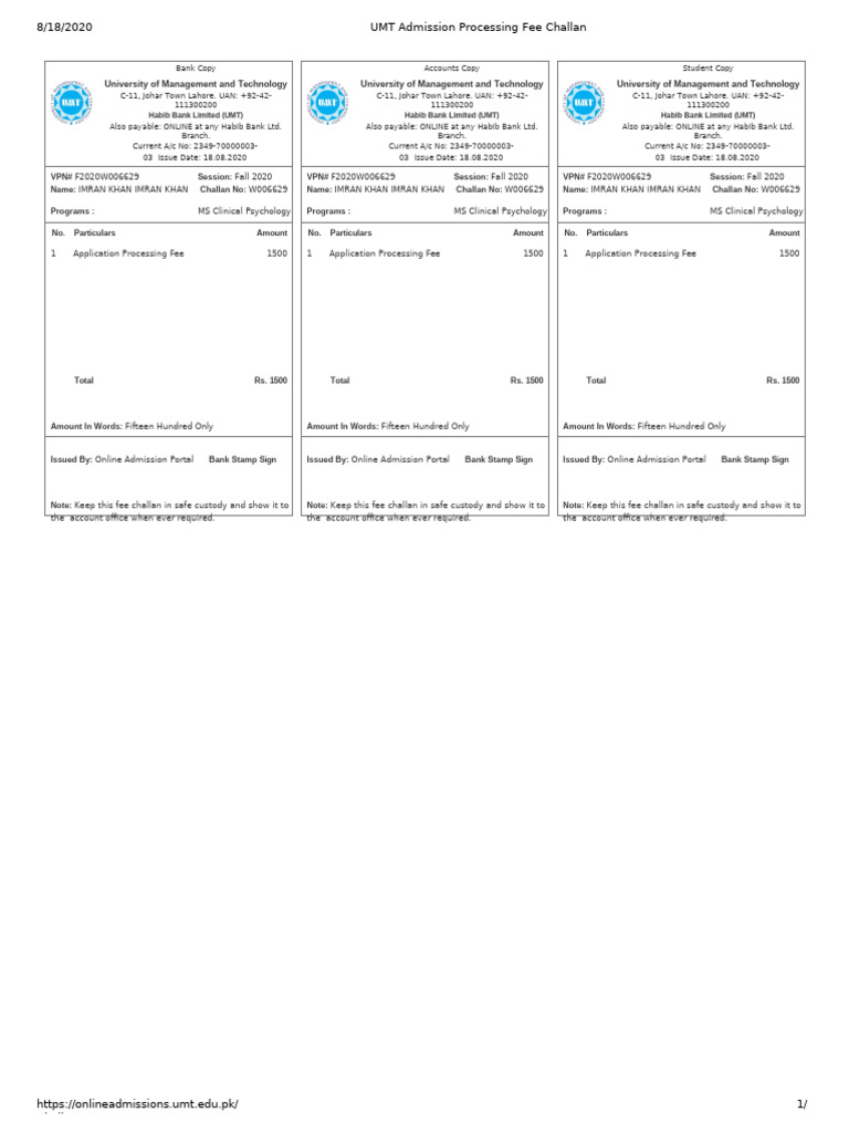 UMT Admission Processing Fee Challan | PDF | Service Industries