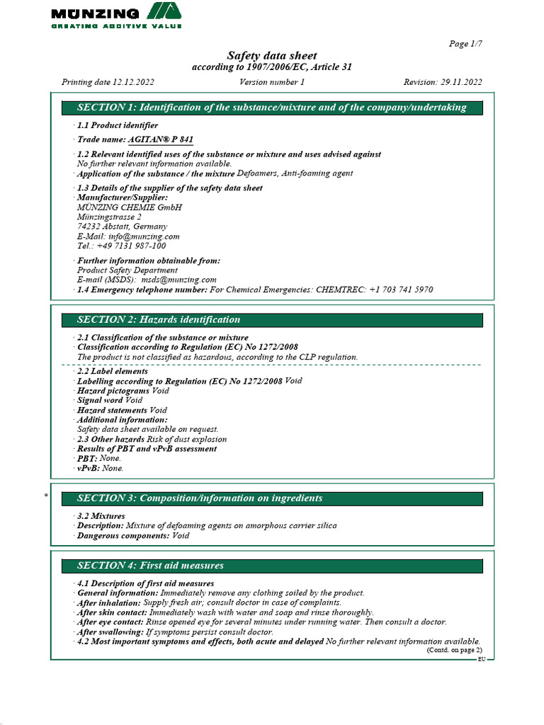 MSDS - Agitan P 841 - 29 November 2022 | PDF | Dangerous Goods | Safety