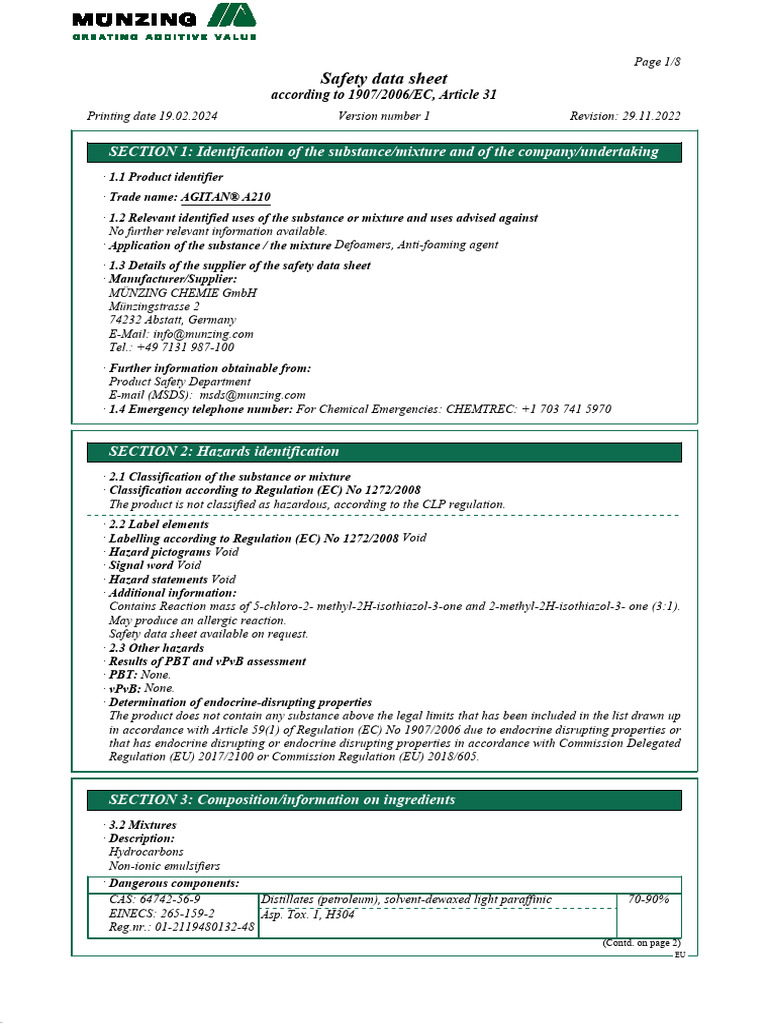 MSDS - Agitan A210 - 29 November 2022 | PDF | Dangerous Goods | Toxicity