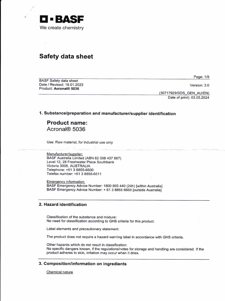 Industrial Safety Data: Acronal 5036 | PDF | Toxicity | Dangerous Goods