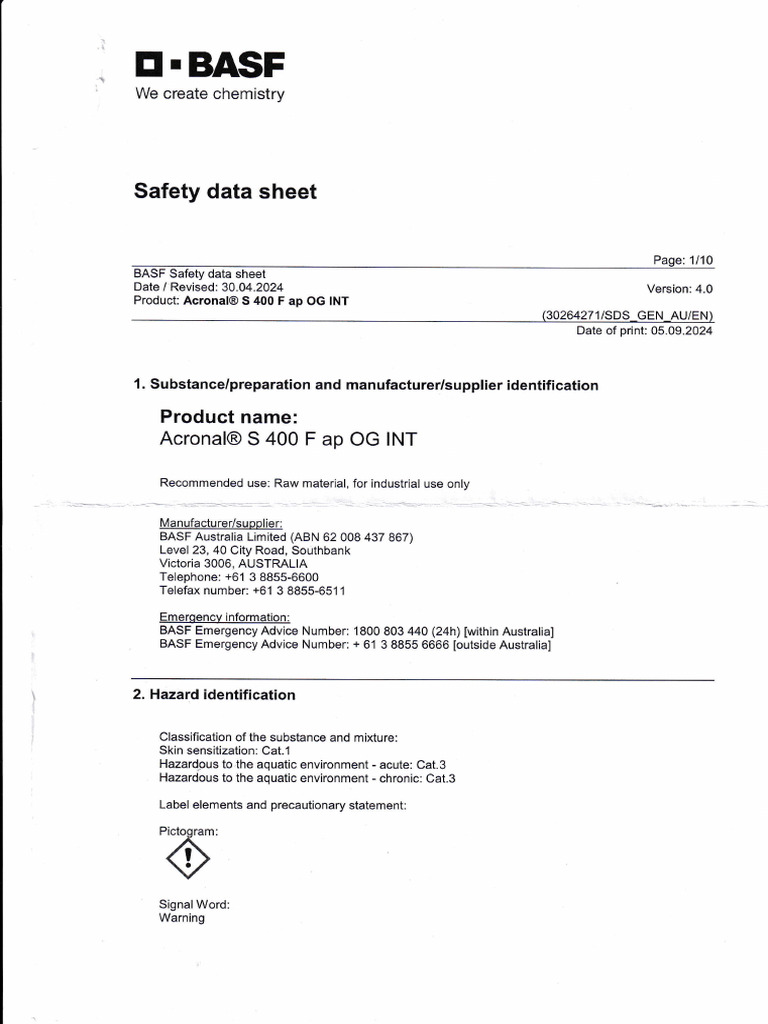 MSDS - Acronal S 400 F Ap - 30 April 2024 - 20240916 - 0001 | PDF ...