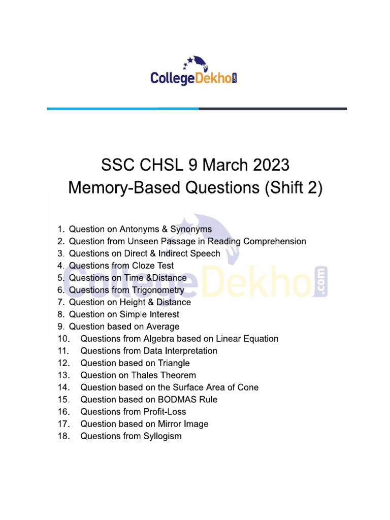 SSC CHSL 9 March 2023 Memory Based Questions Shift 2 | PDF