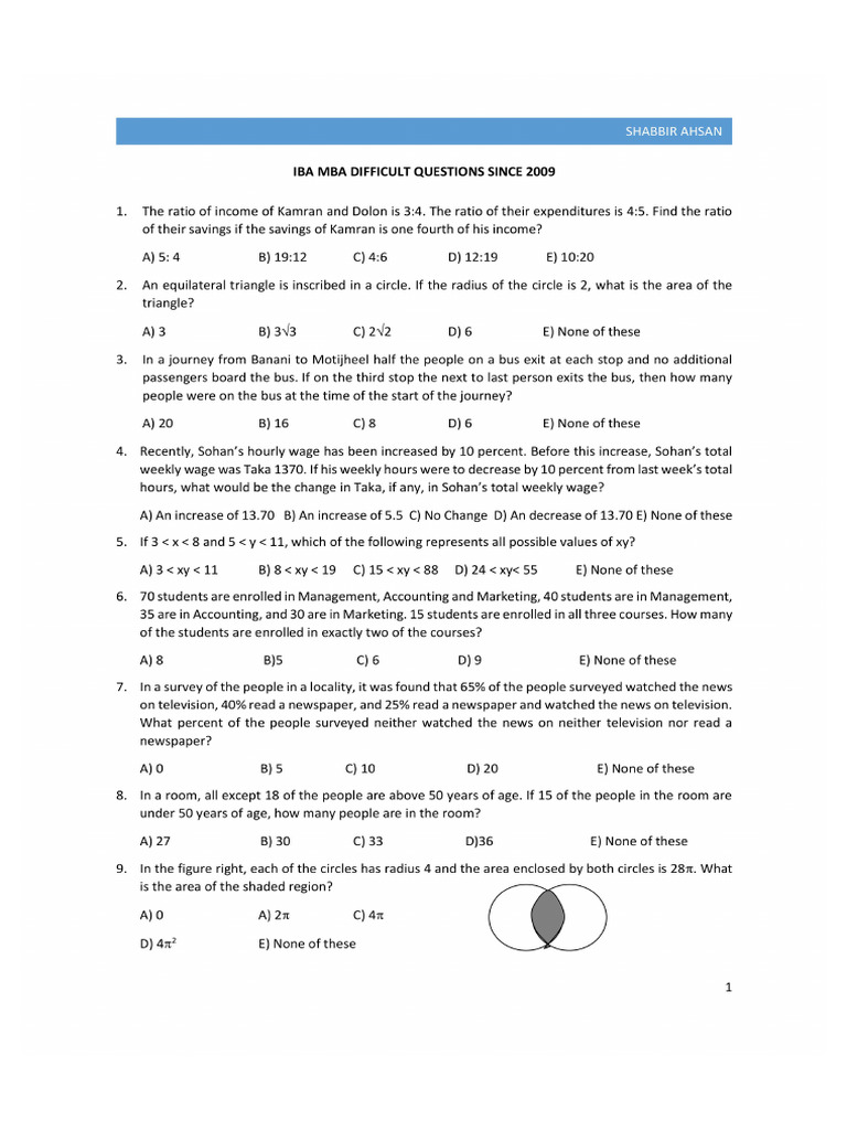 Difficult Iba Math Q Since 2009 Shabbir Ahsan | PDF