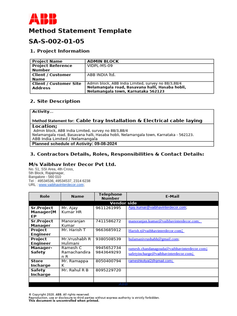 VIDPL-MS-09 For Cable Tray Fixing & Cable Laying Work | PDF | First Aid ...
