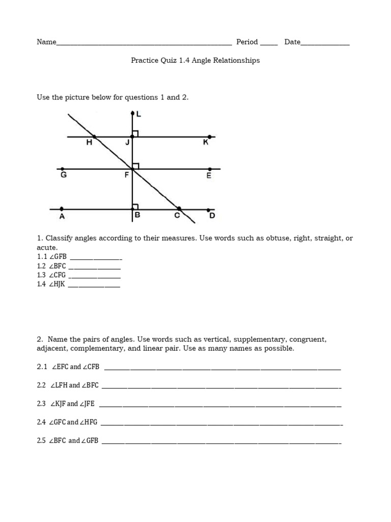 Quiz 1.4 Angle Relationships | PDF